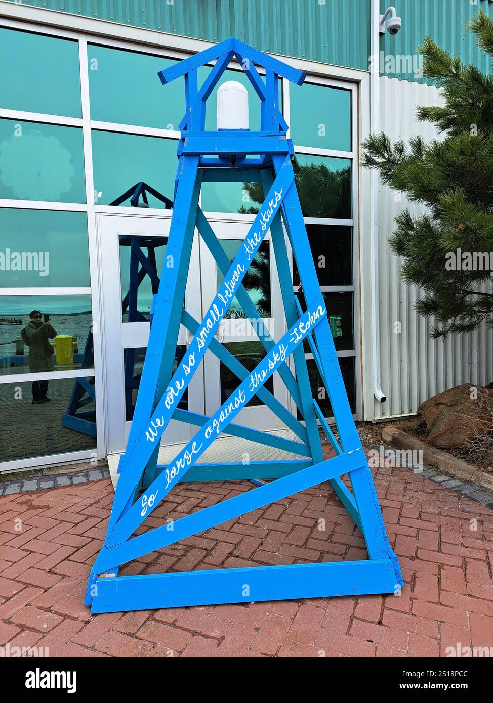Decorative blue lighthouse structure with messages at the wharf in ...