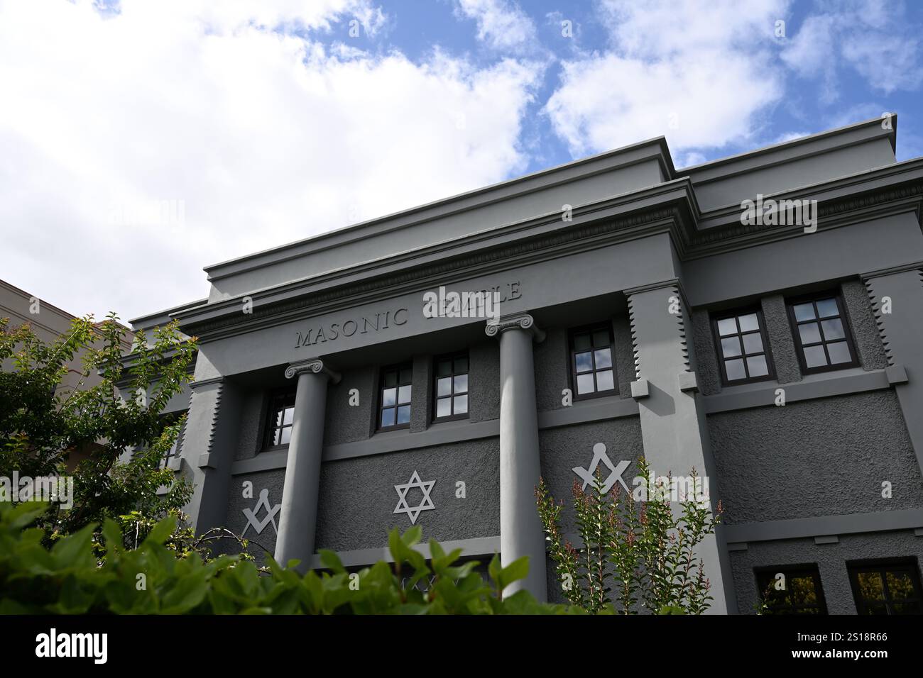 Masonic Temple signage and Freemason symbols above the entrance to ...