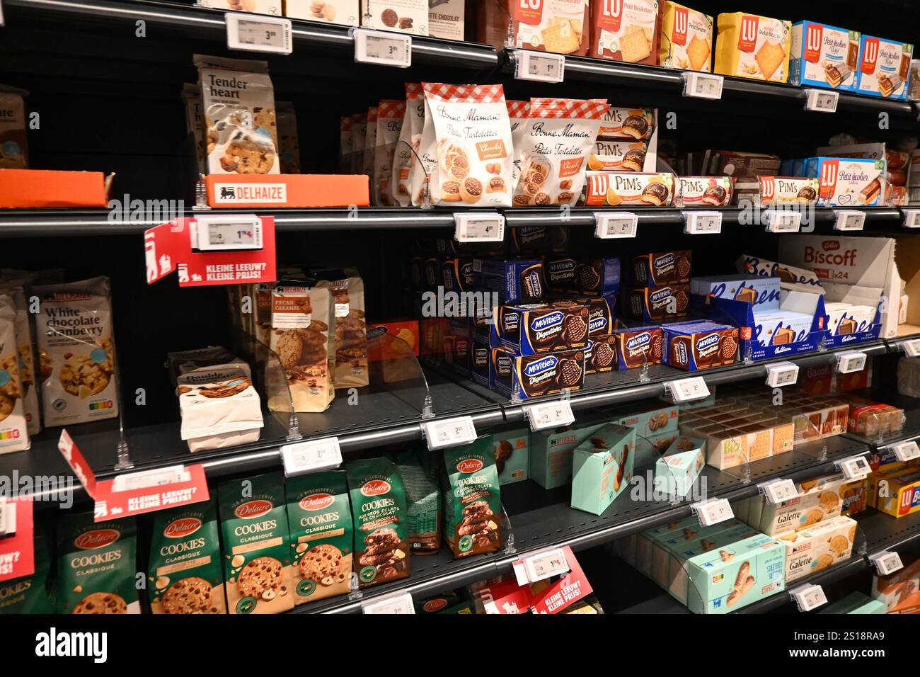 Biscuit and cookie aisle in a Delhaize supermarket – Ostend, Belgium ...