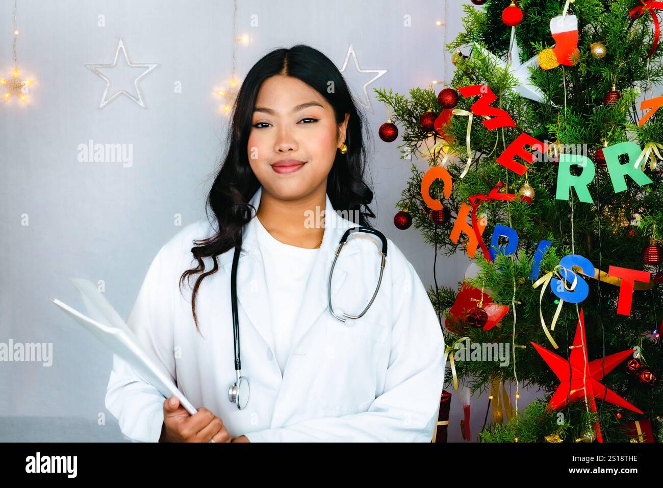 Beautiful Nurse Infront of New Year Christmas Tree in Holidays Medical ...