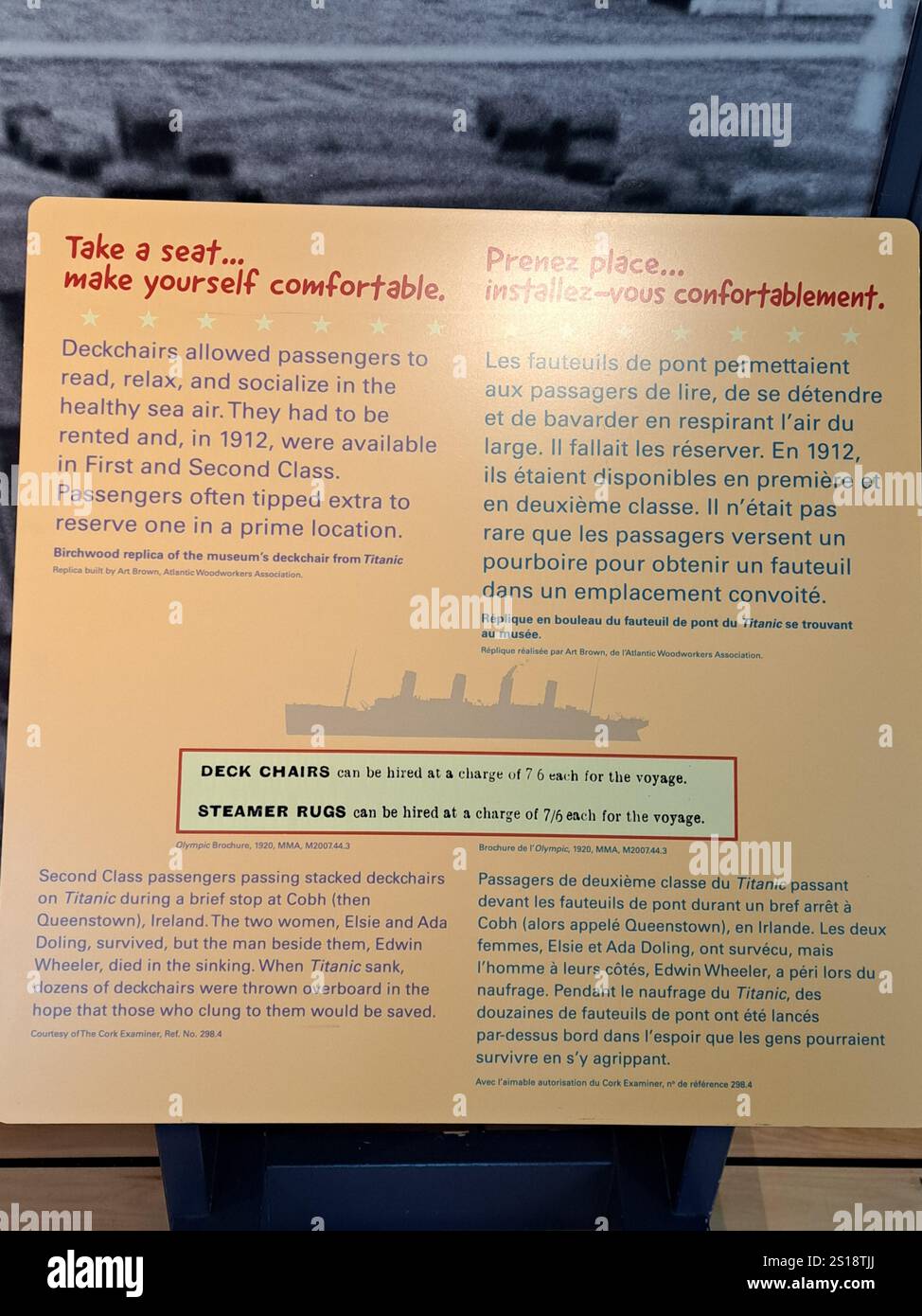 Titanic wooden deck chair sign at the Maritime Museum of the Atlantic ...