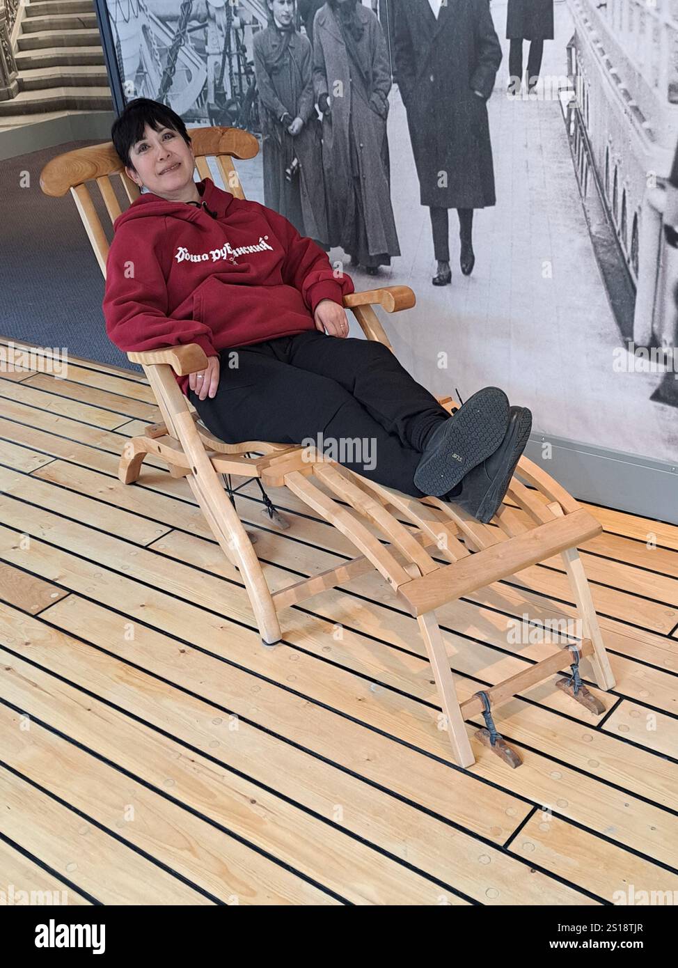Replica of a Titanic wooden deck chair at the Maritime Museum of the ...