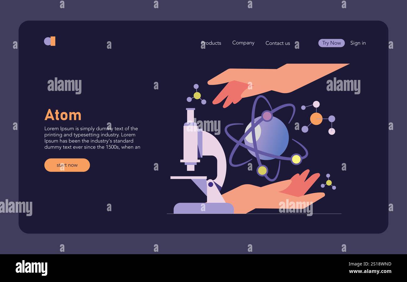 Scientific webpage concept with atom representation and microscope on a ...