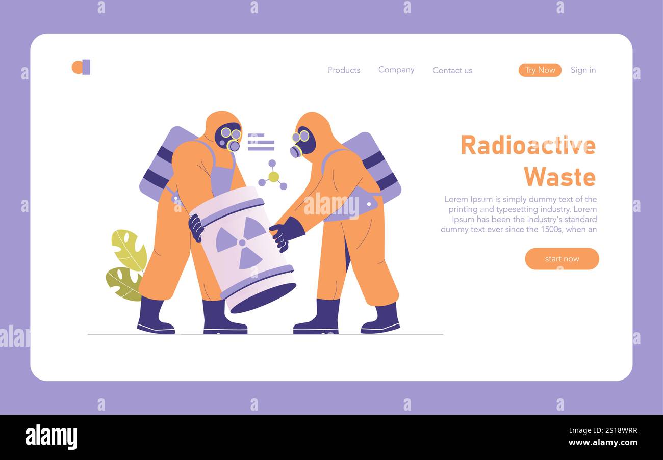 Nuclear safety concept. Workers in protective suits handle radioactive material. Hazmat team ...
