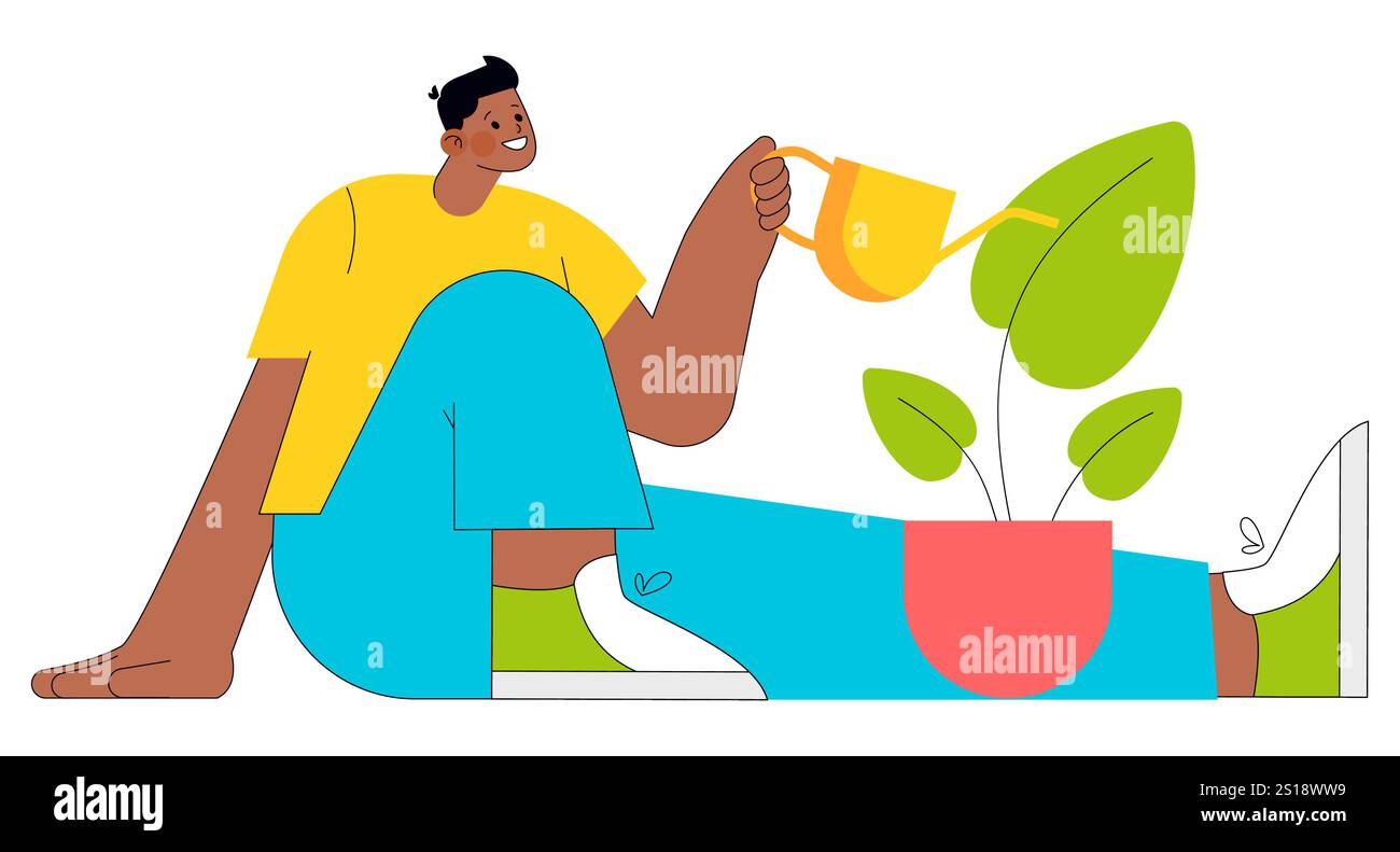 Young businessman watering a potted plant, representing growth and ...