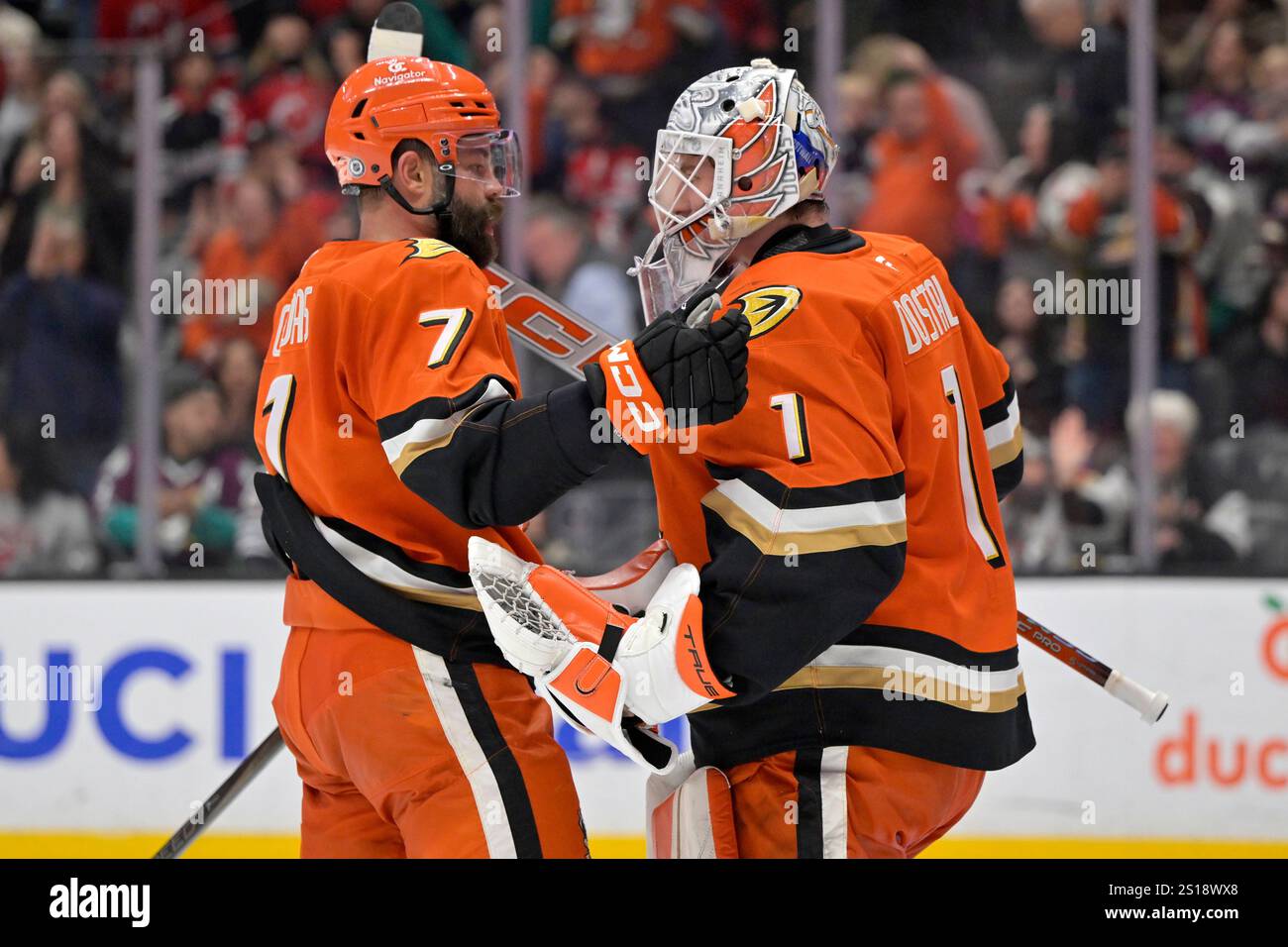 Anaheim Ducks defenseman Radko Gudas (7) congratulates Ducks goaltender ...