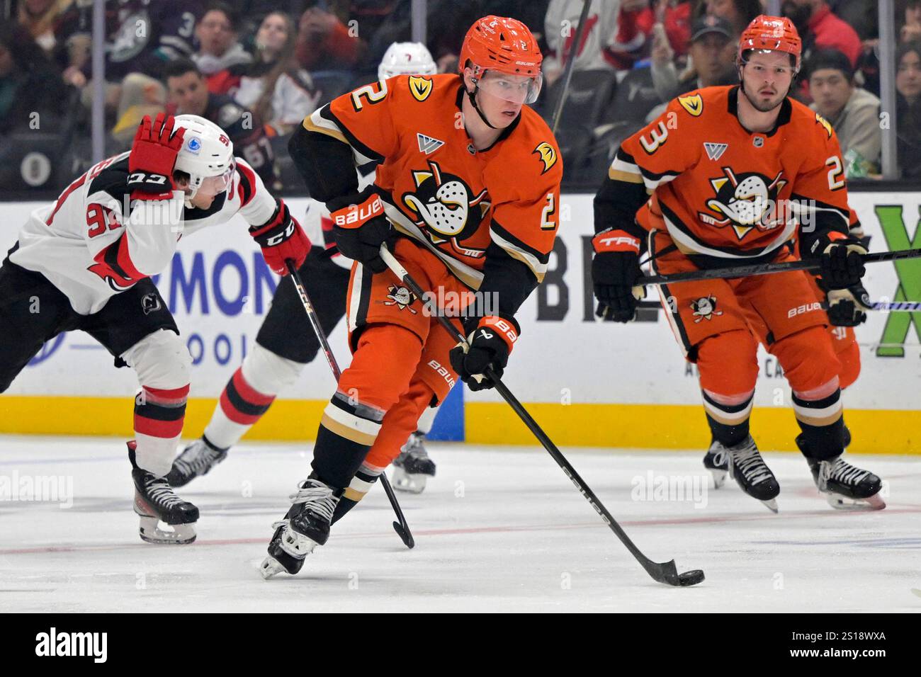 Anaheim Ducks defenseman Jackson LaCombe (2) handles the puck during an ...