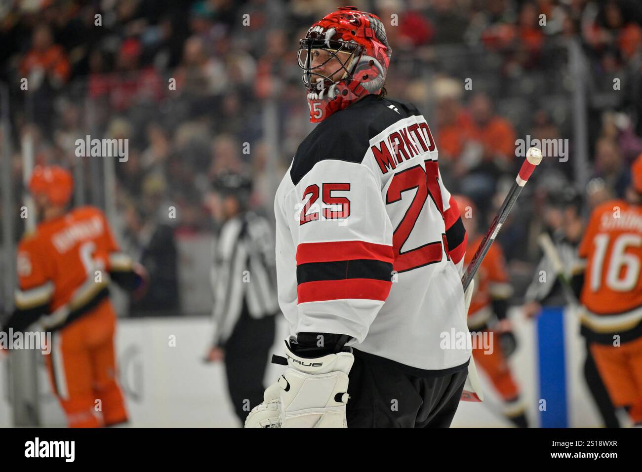 New Jersey Devils goaltender Jacob Markstrom looks on during an NHL ...