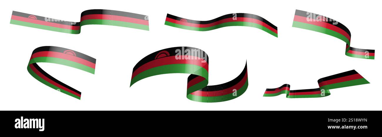 Set of holiday ribbons. Malawi flag waving in wind. Separation into lower and upper layers ...