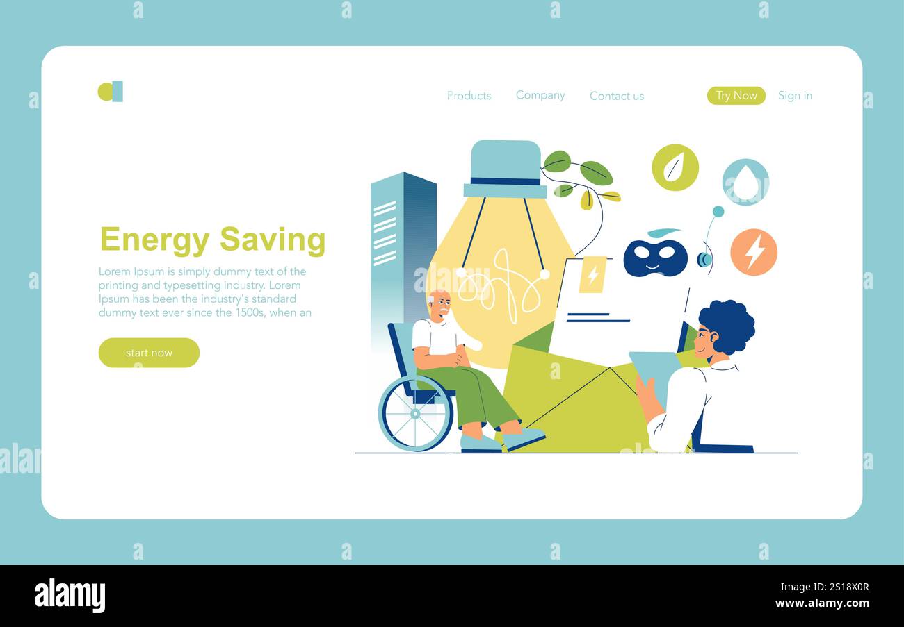 Energy Saving concept. Illustration of diverse people engaging in eco ...
