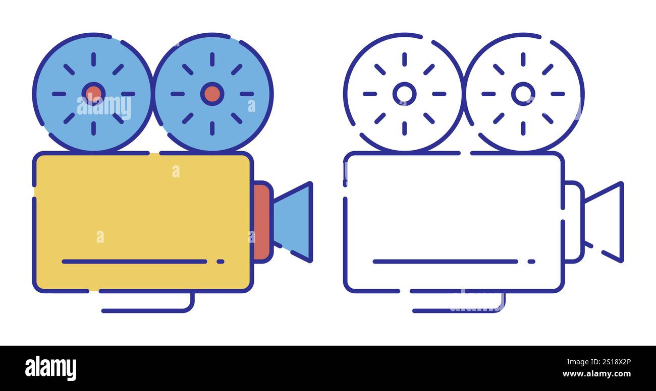 Thin line stroked color icon. Old camcorder. Filming movie on retro instrument. Film recording ...