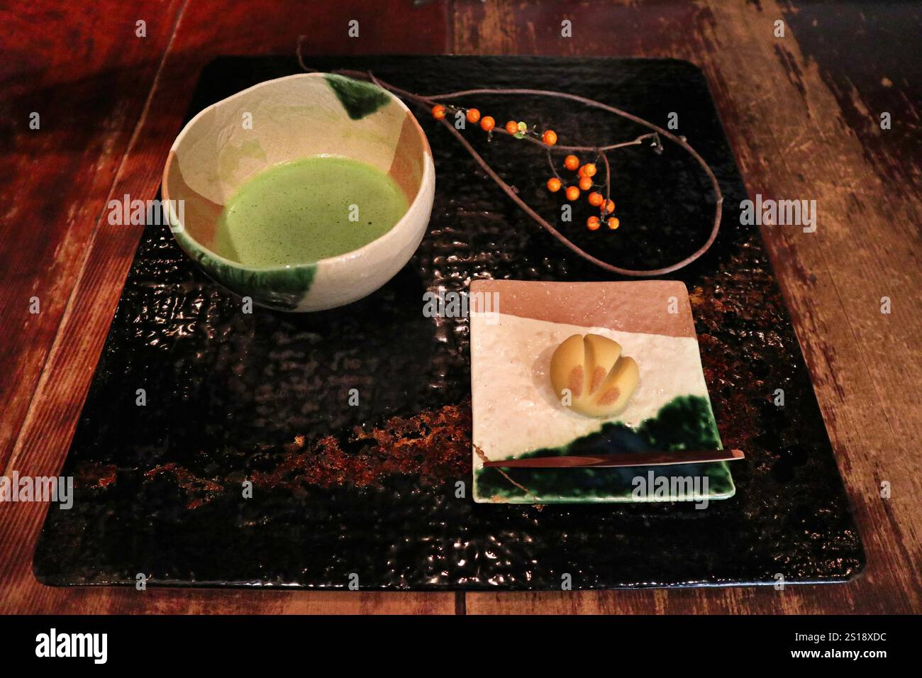 Matcha tea and wagashi (Japanese dessert) in Tokyo, Japan Stock Photo ...
