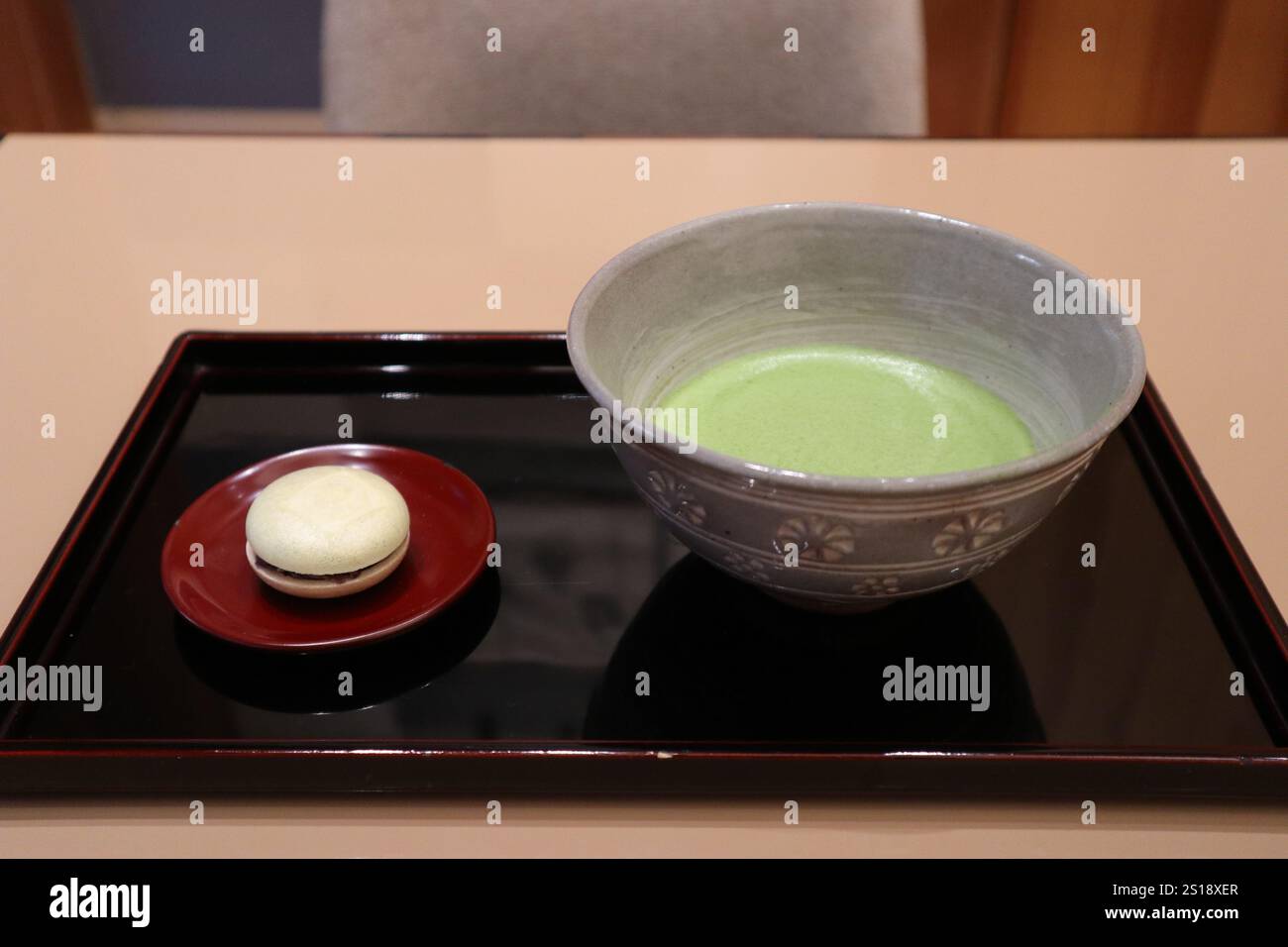 Matcha tea and monaka (Japanese dessert) in Tokyo, Japan Stock Photo ...
