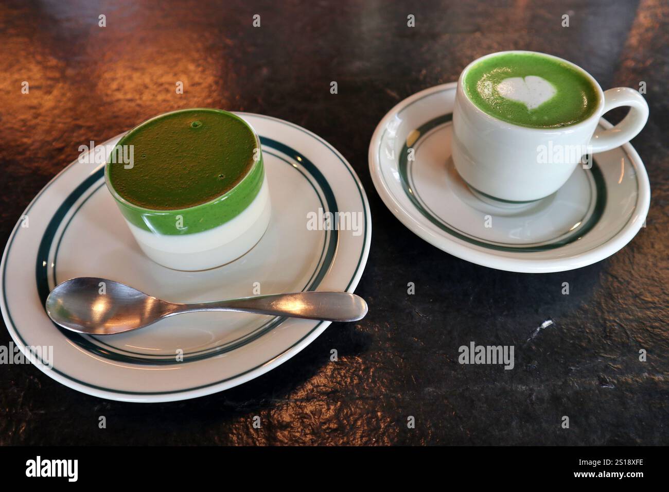 Hot matcha latte and matcha pudding in Tokyo, Japan Stock Photo - Alamy