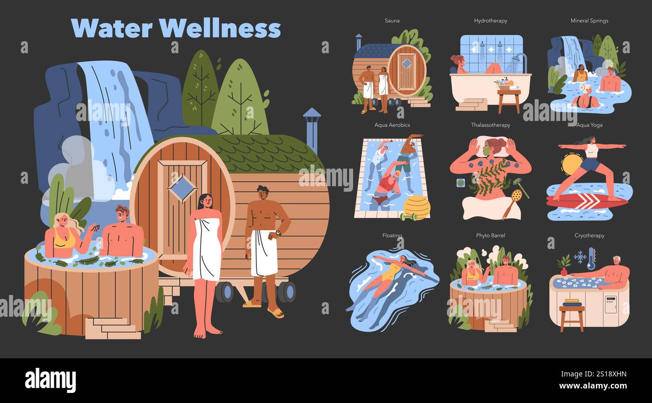 Water Wellness concept. Illustration of spa treatments and therapeutic ...