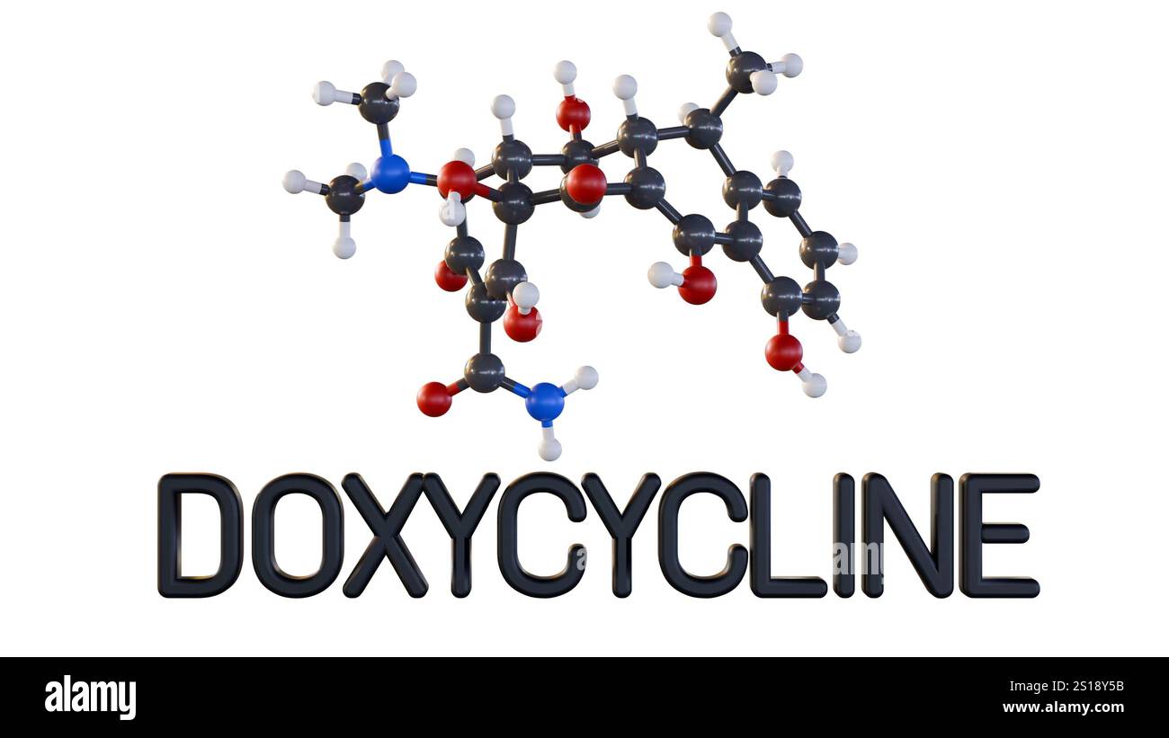 a 3d rendering of isolated 3D ball-and-stick model of the doxycycline ...