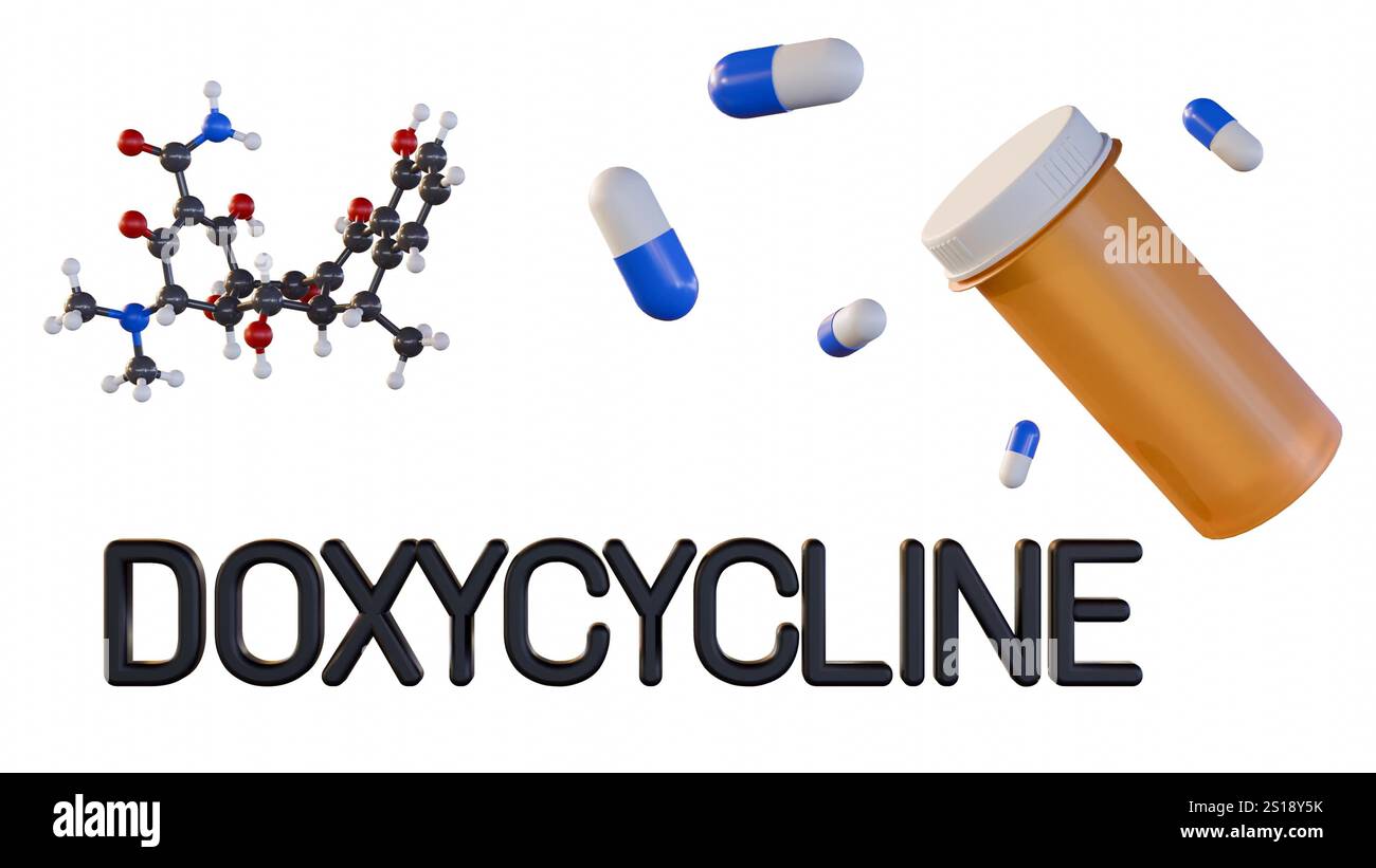 3d rendering of pill bottle, capsules, molecular structure, and text ...