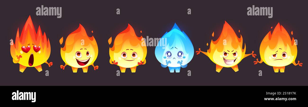 Fire characters set isolated on black background. Vector cartoon ...