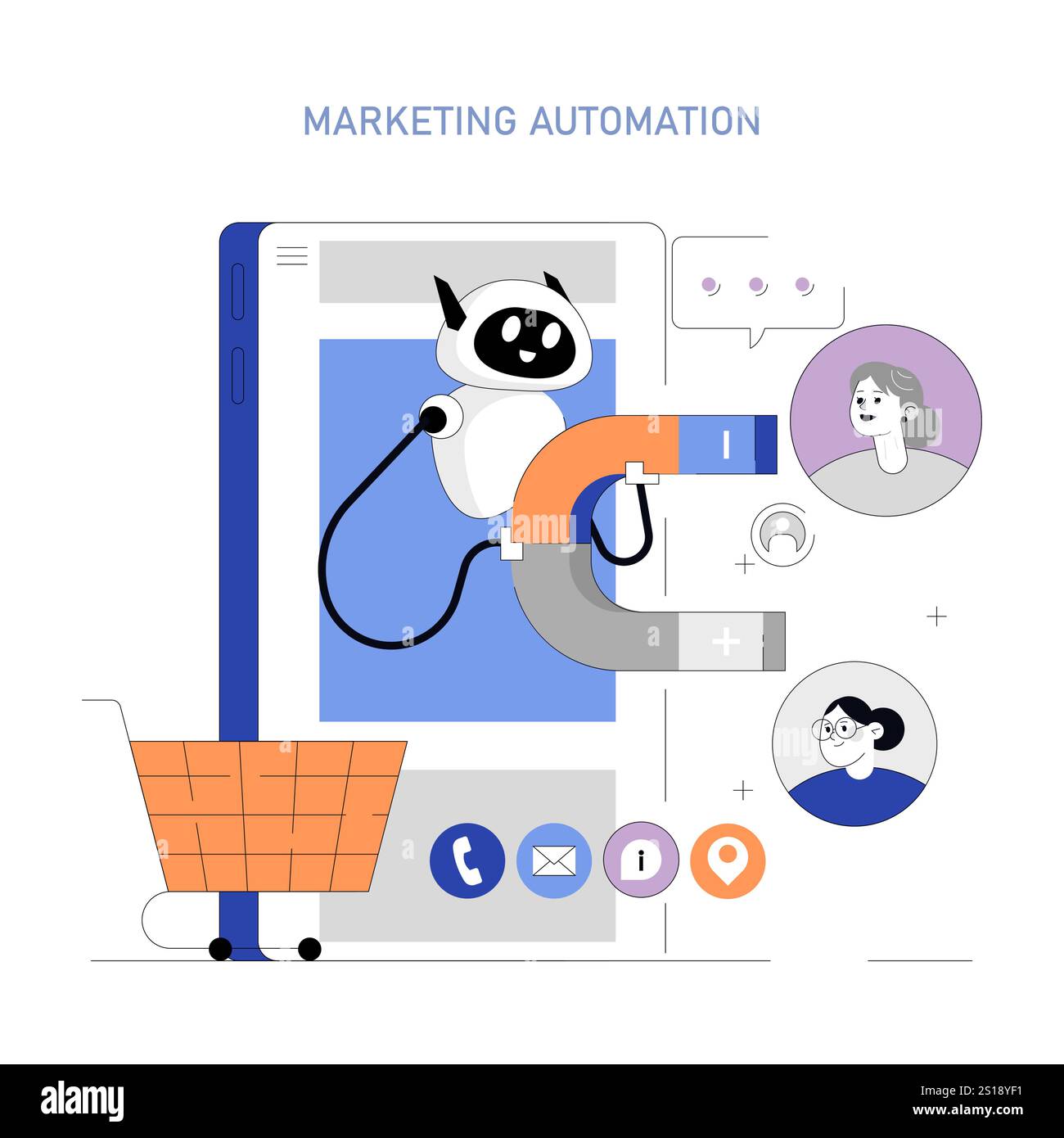 Business Process Automation concept. Robotic arm streamlining marketing tasks on a digital ...