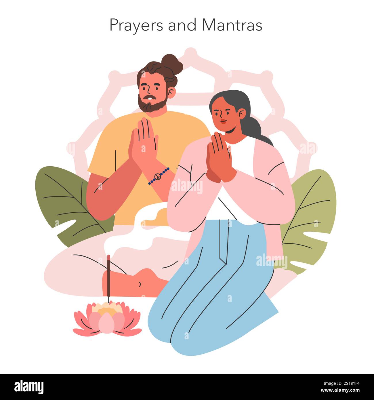 Spiritual practices concept. Man and woman meditating with prayer ...