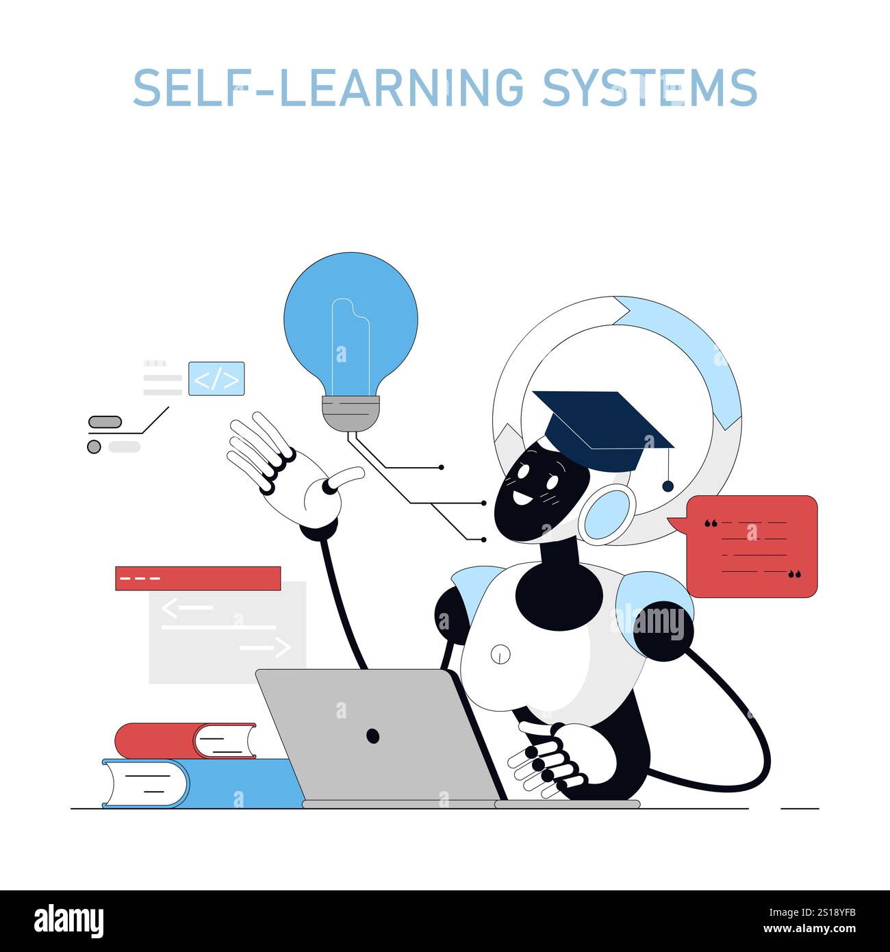 Production Automation concept. A robot with a graduation cap using a ...