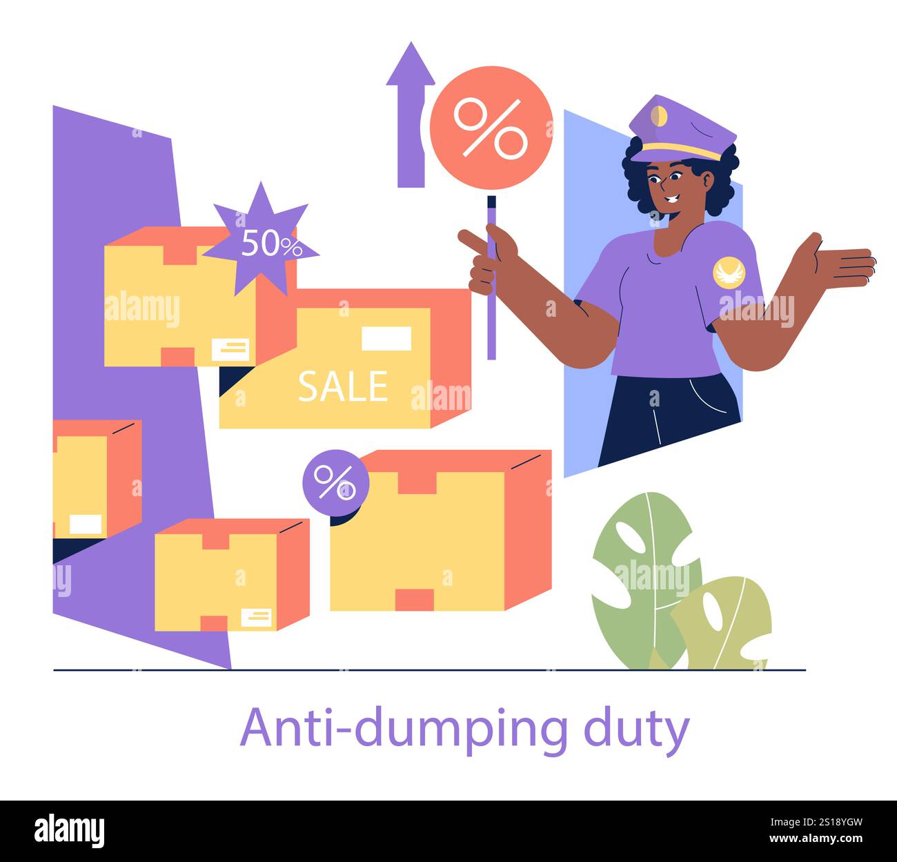 Customs officer illustration monitoring tariffs and sales on imported goods, representing anti ...