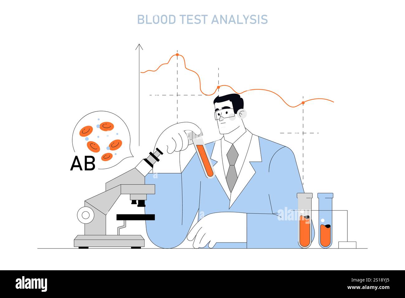 Blood Donor Day concept. Illustration of a scientist analyzing blood ...