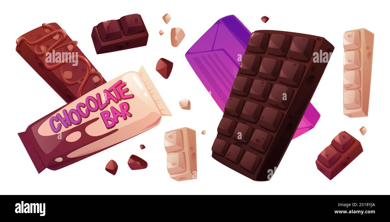 Chocolate bar collection of wrapped candy package and unwrapped ...