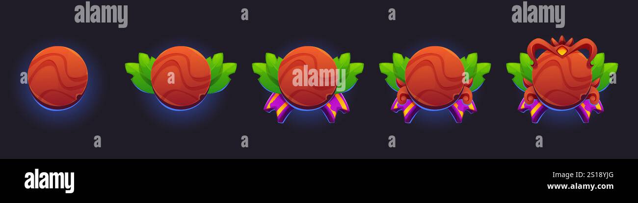 Game rank evolution badges with jungle theme - wooden round medallion ...