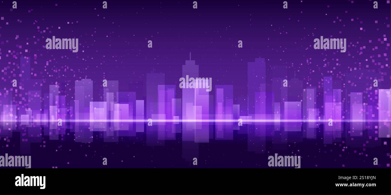 Tech city nightscape with neon purple skyline - abstract digital ...