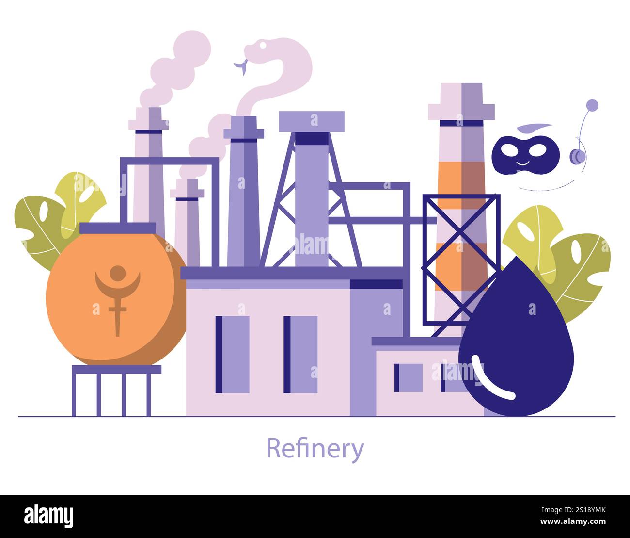 Oil refinery illustration. Industrial facility processes crude into ...