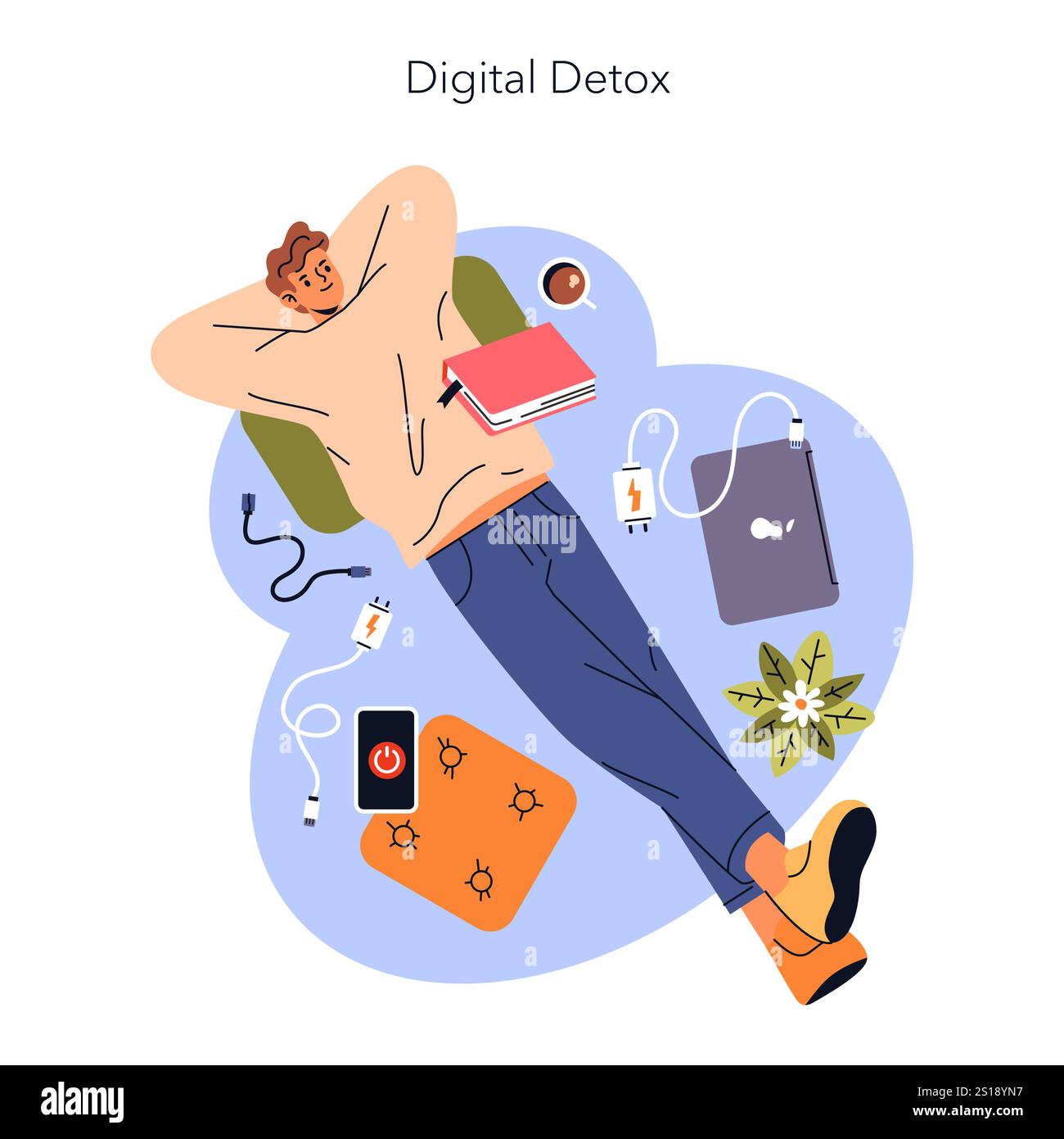 Digital Detox concept. A person relaxes with books, unplugging from ...