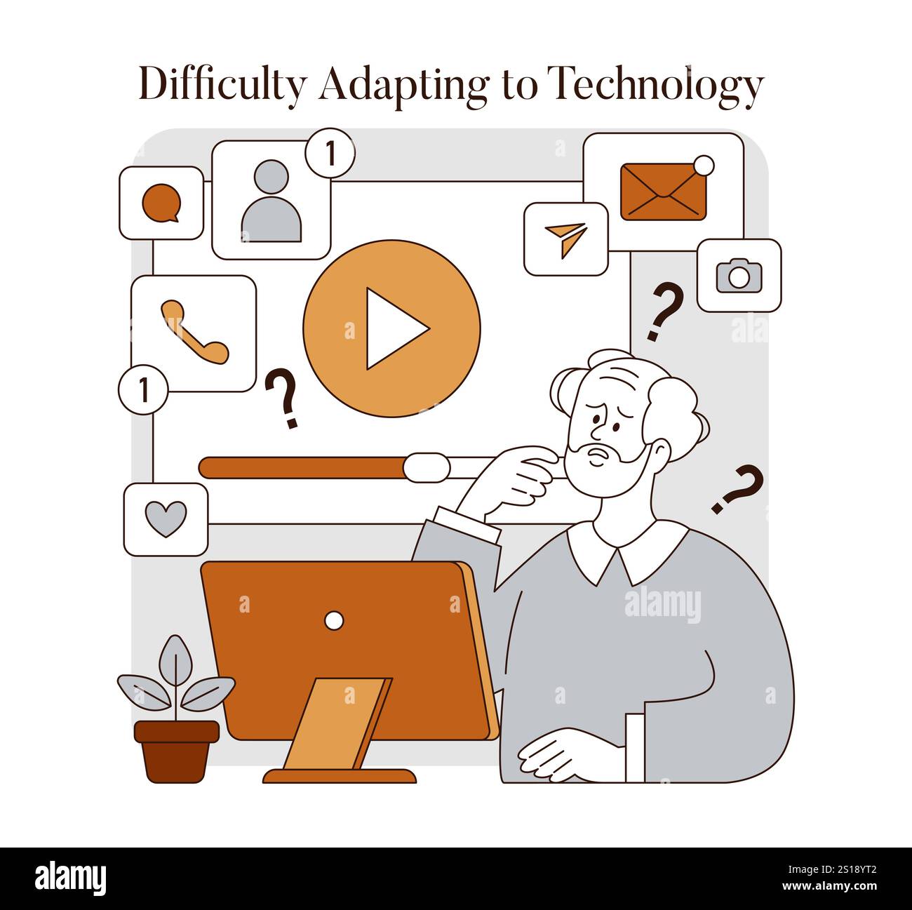 Elderly man facing technological challenges at the computer, with ...