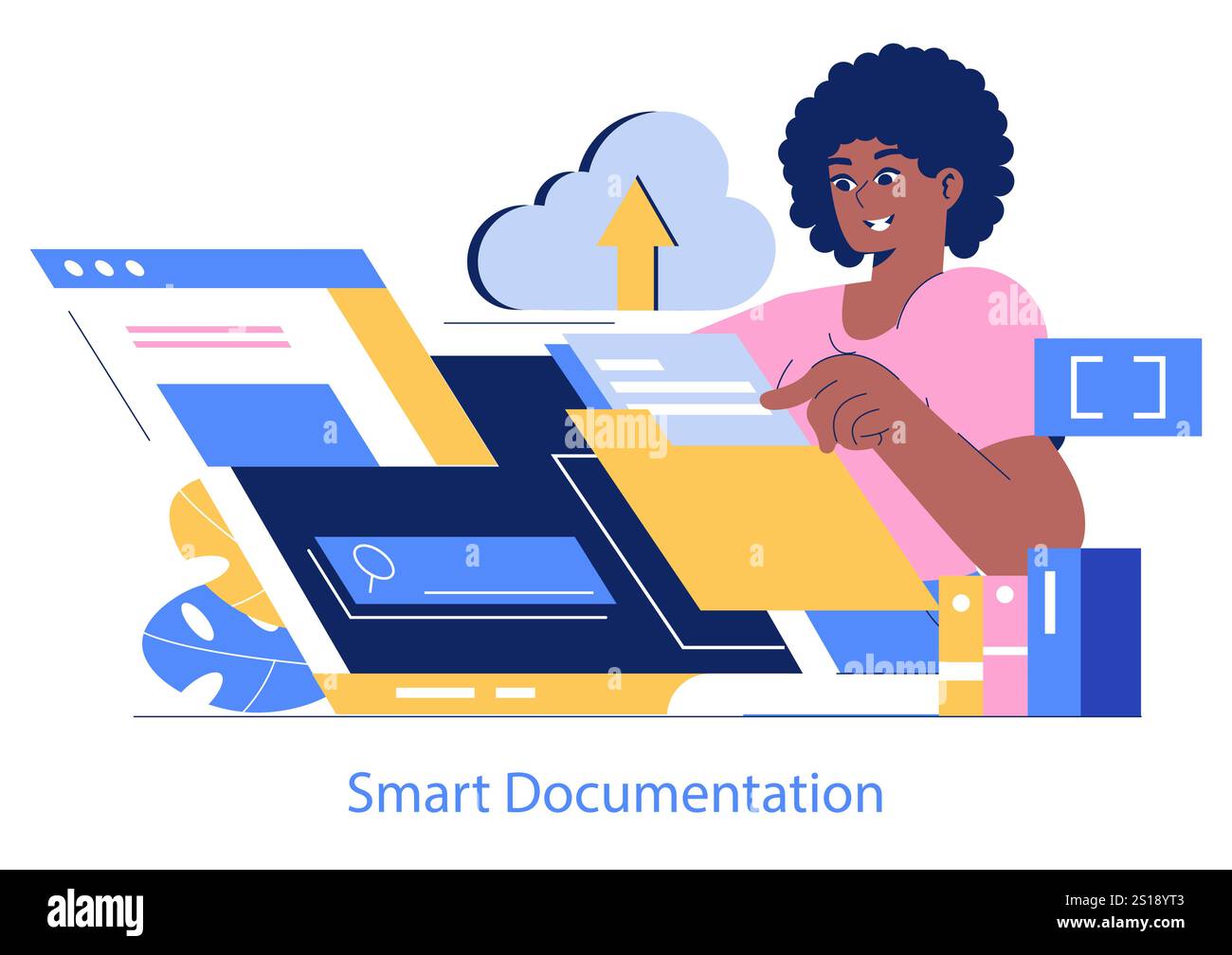Smart Documentation concept. Woman uploading files to cloud storage from her laptop, depicting ...