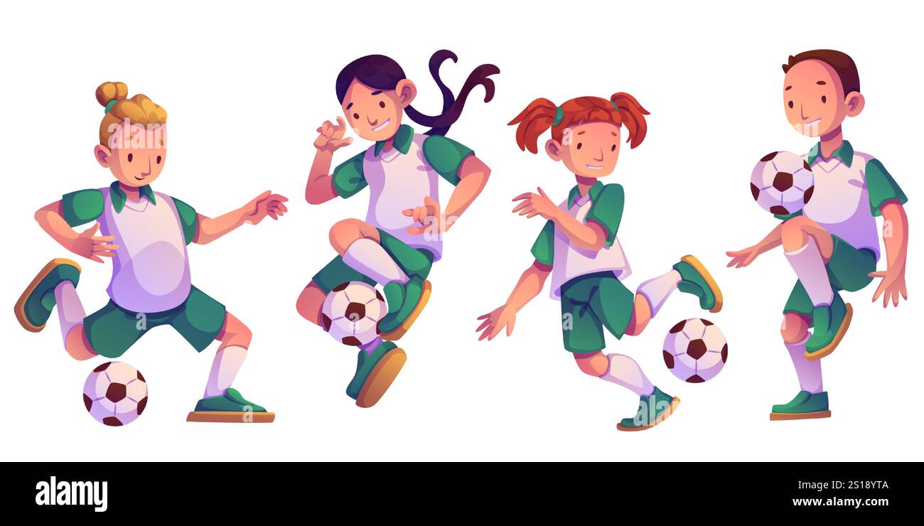Soccer sport kids in action poses - young players wearing green ...