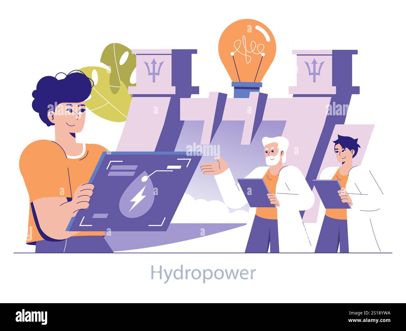 Hydropower concept. Engineers manage sustainable energy production at a ...
