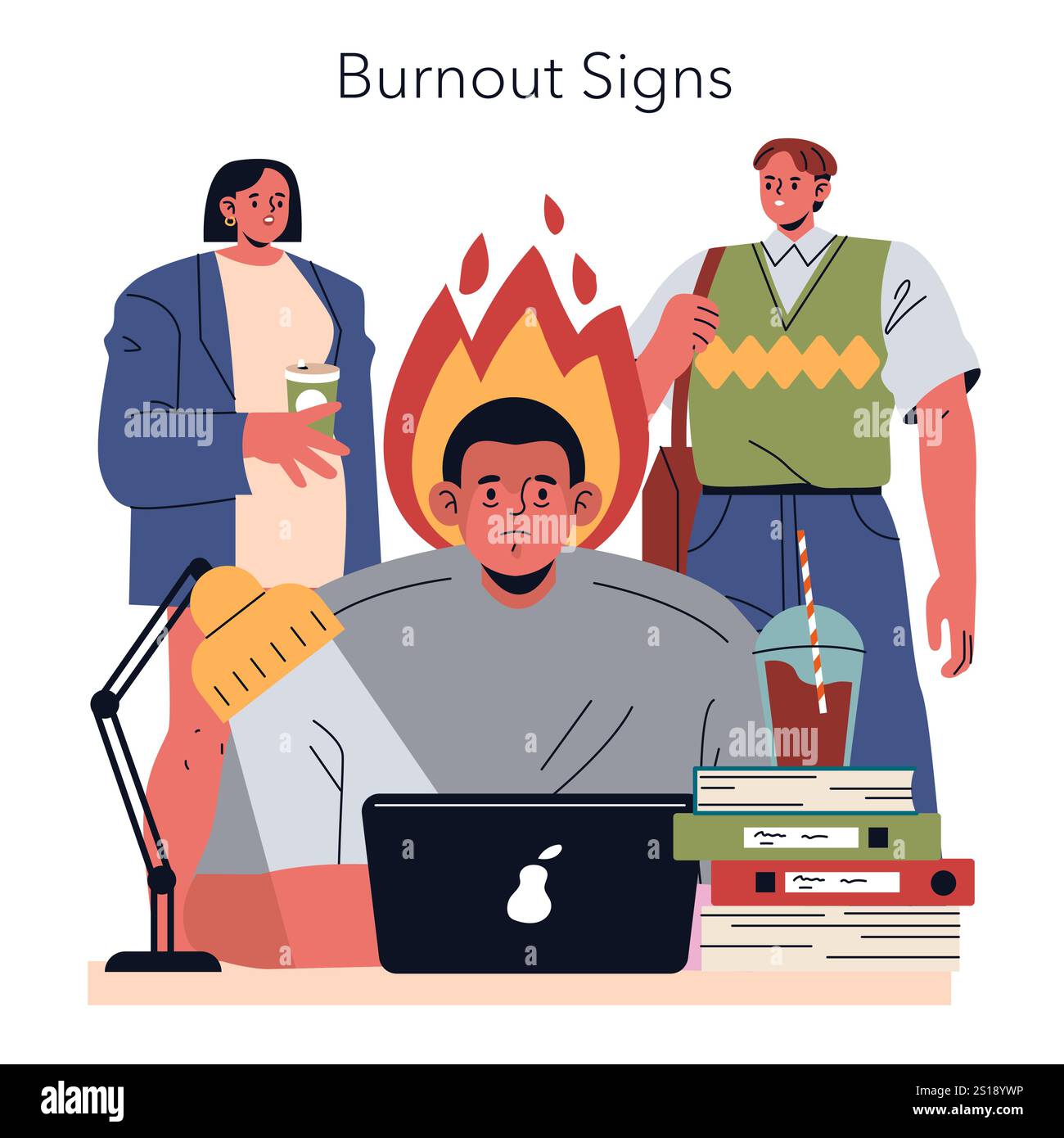 Burnout concept. Overwhelmed employee with metaphorical fire over the head indicating stress ...
