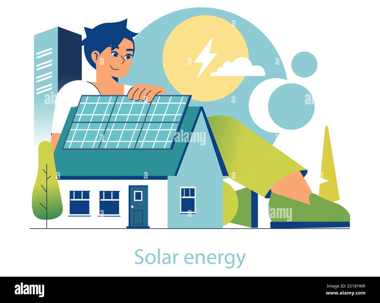 Renewable energy concept. A person installs solar panels on a house for ...