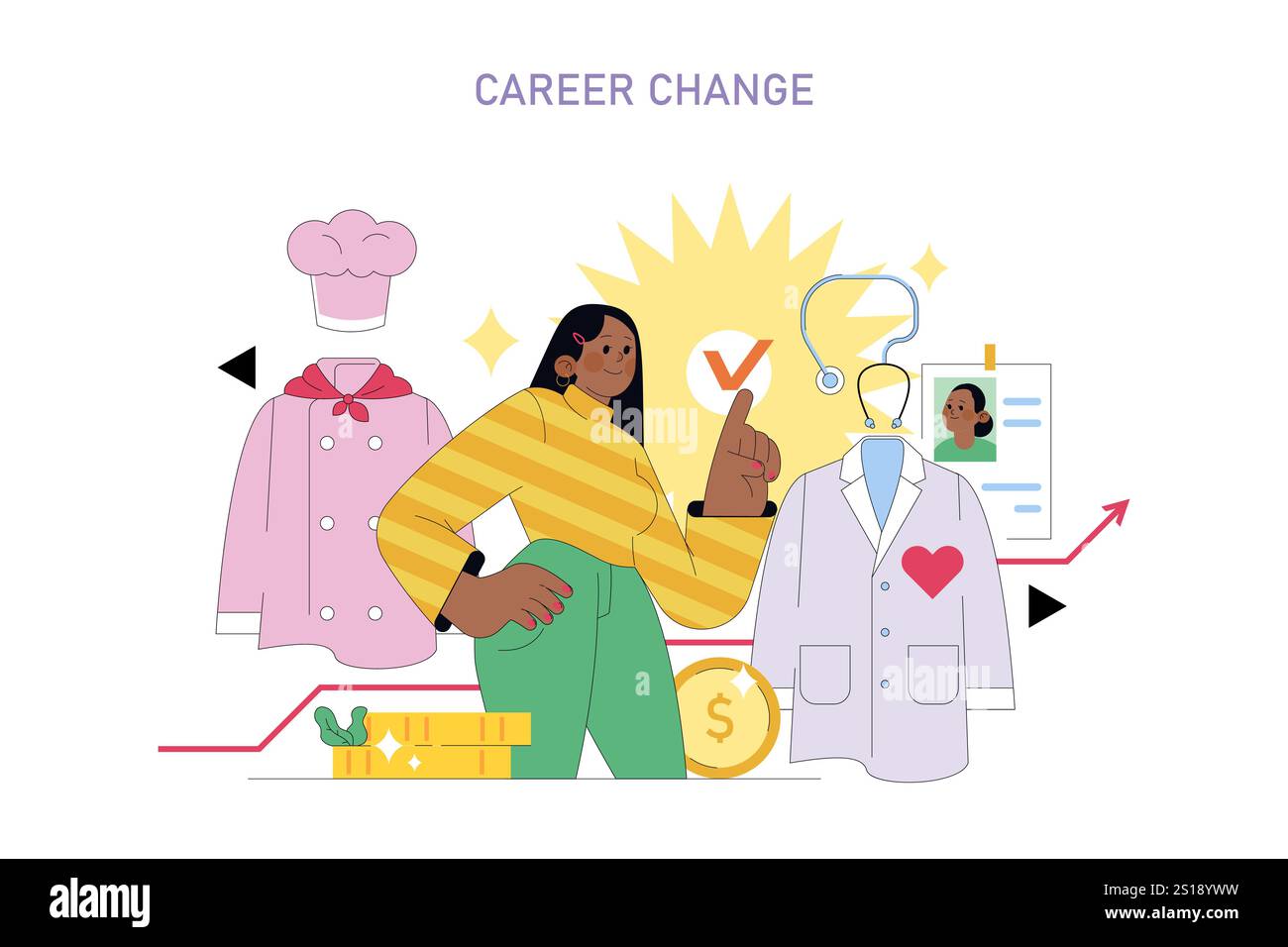 Career Change concept. Individual transitioning from culinary arts to ...