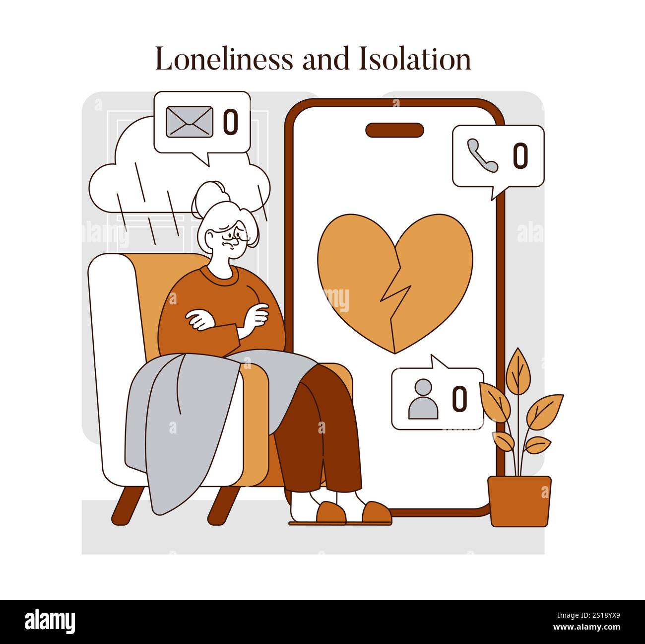 Senior woman facing loneliness with zero messages and calls ...