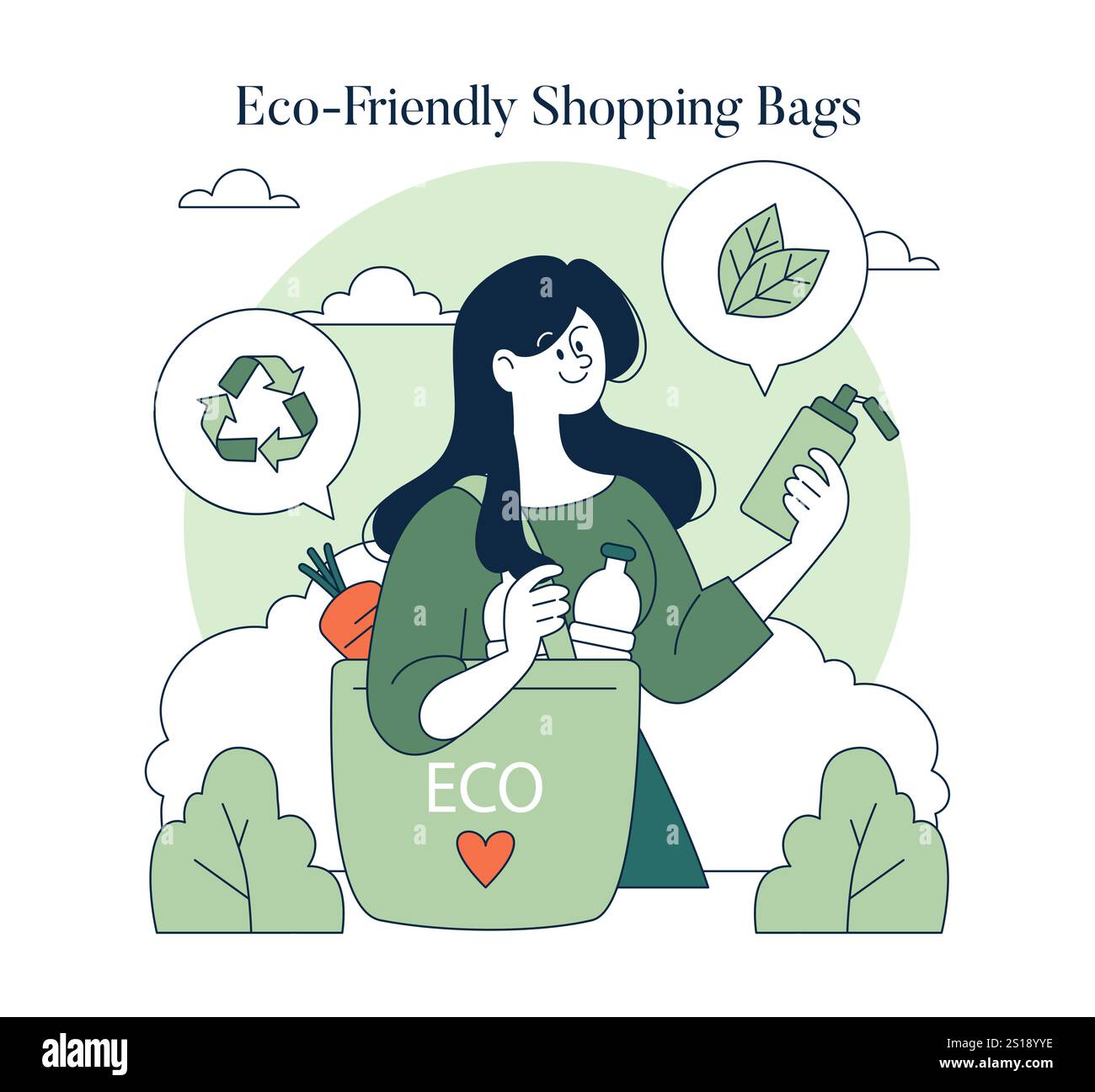 Conscious Consumption concept. Woman using reusable bag and bottle ...