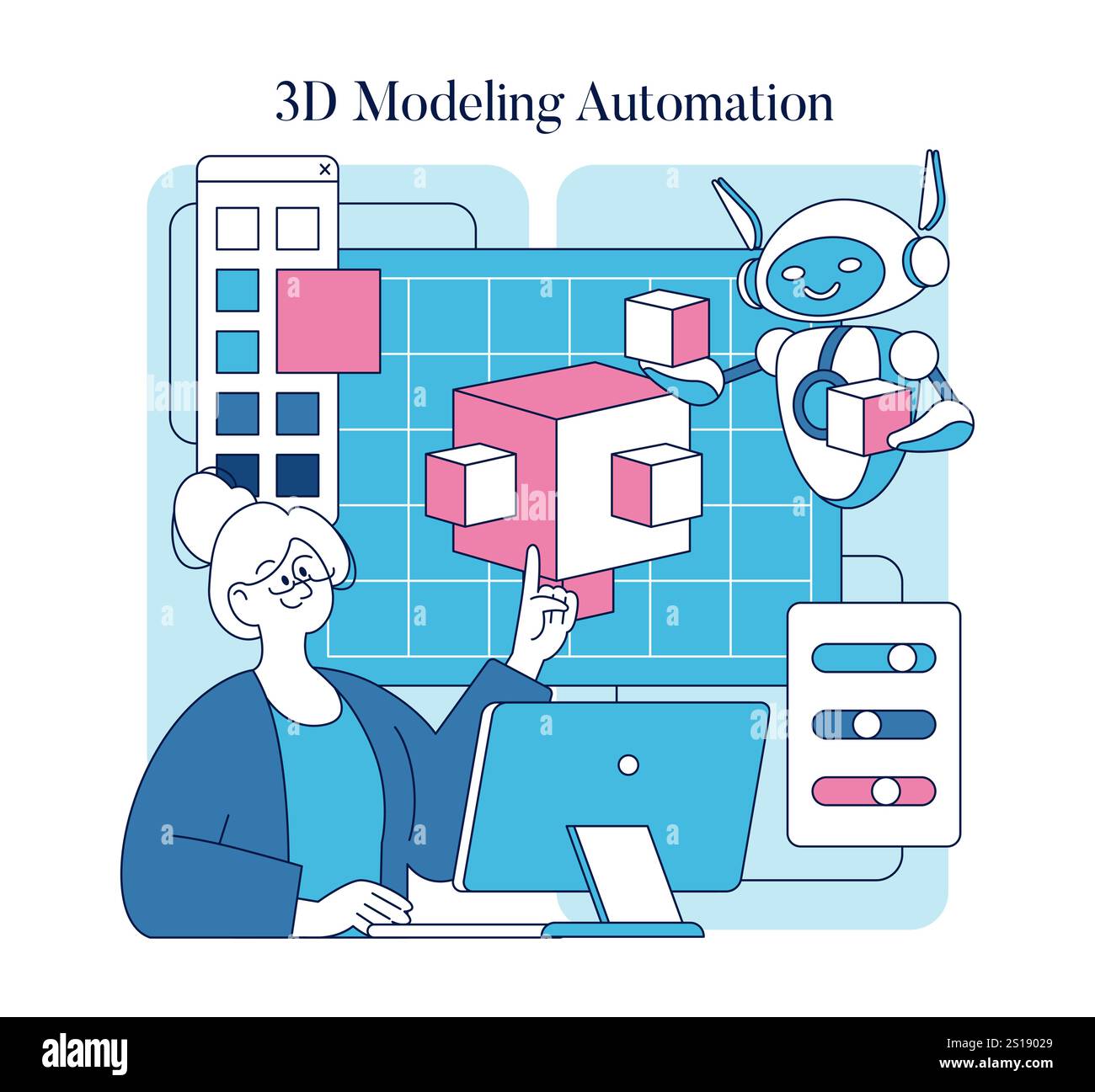 Automation in creativity concept. Designer uses 3D modeling software with the aid of a friendly ...