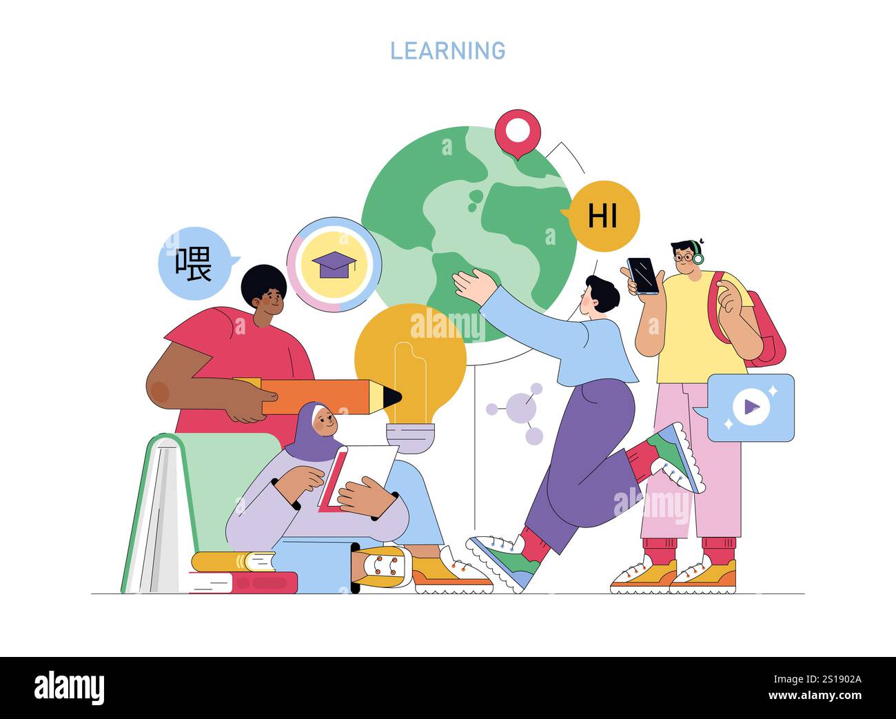 Global education concept. Diverse students engaging with digital tools and global knowledge ...