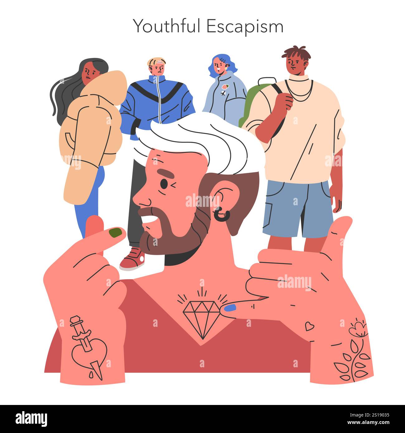 Midlife Crisis concept. Mature man contemplating past, symbols of youth ...