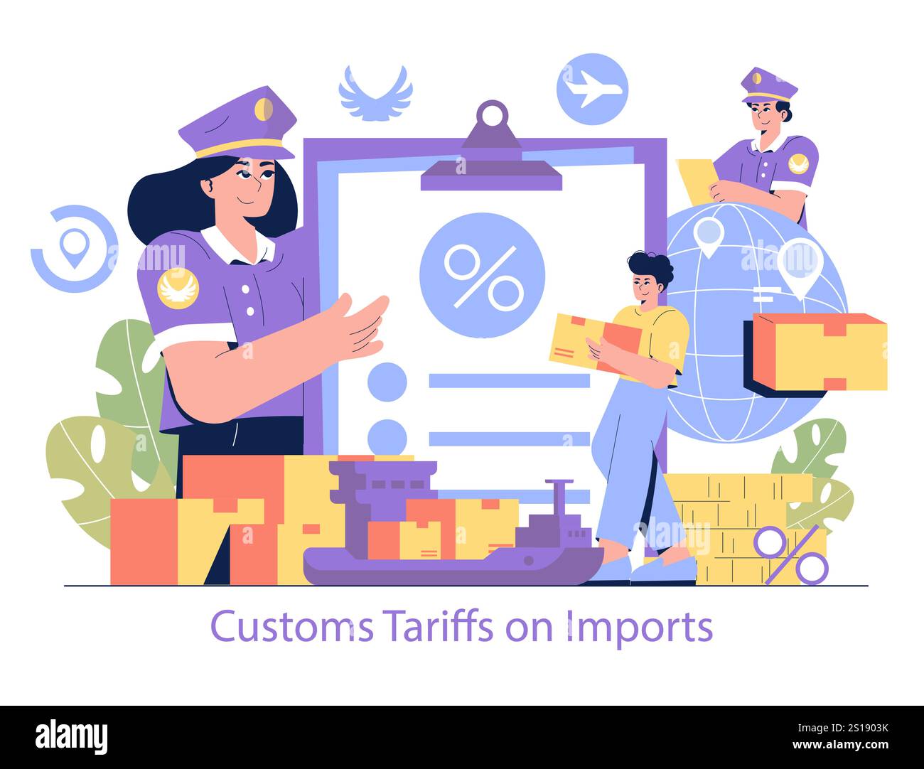 Customs Tariffs on Imports concept. Illustration of officers and ...