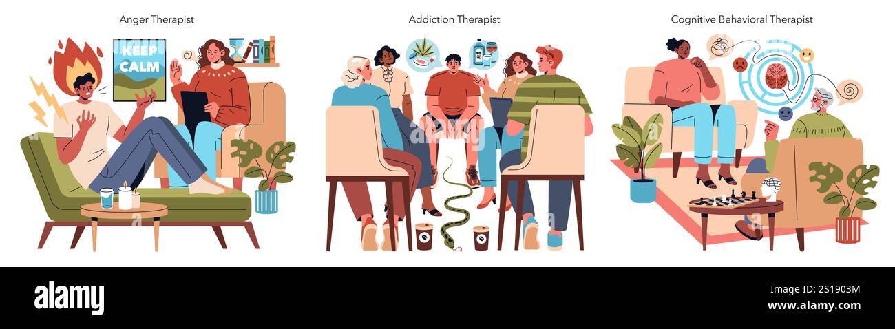 Psychotherapy set. Therapists assist with anger management, addiction ...