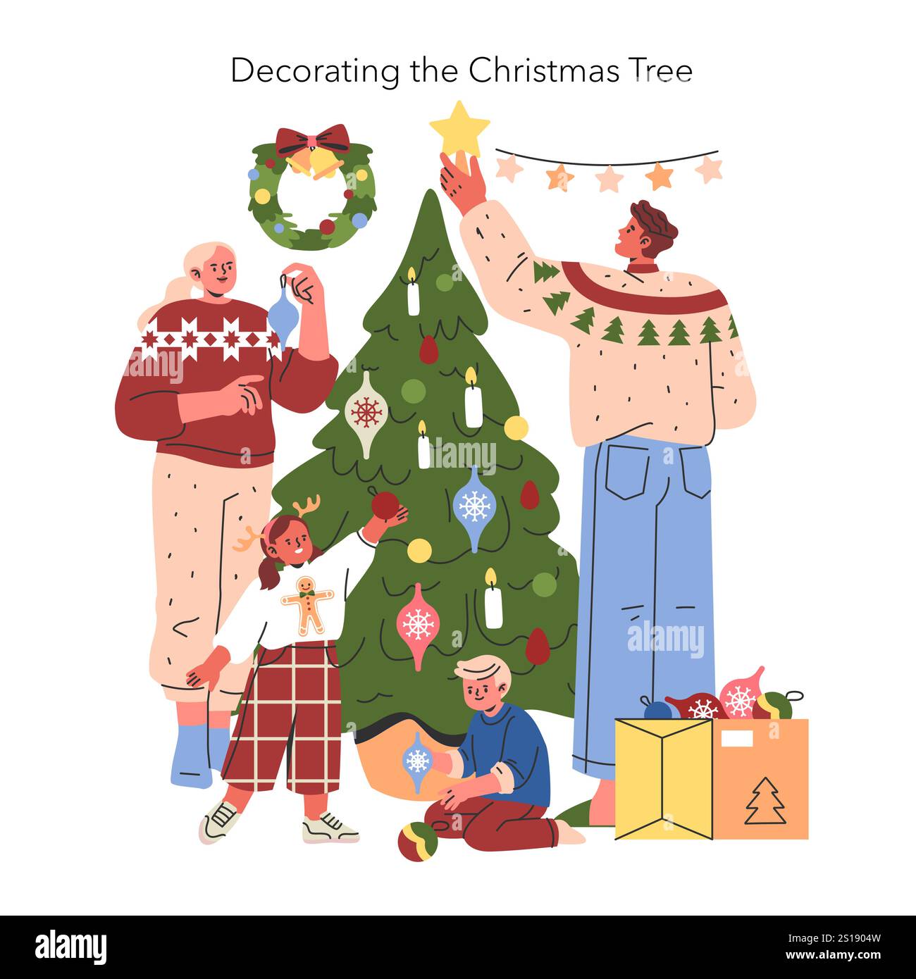 Christmas family gathering to adorn the festive tree with ornaments and ...