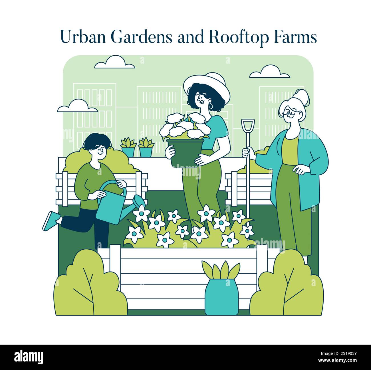 Green Infrastructure concept. Citizens engage in urban gardening with ... Green Infrastructure concept. Citizens engage in urban gardening with ...