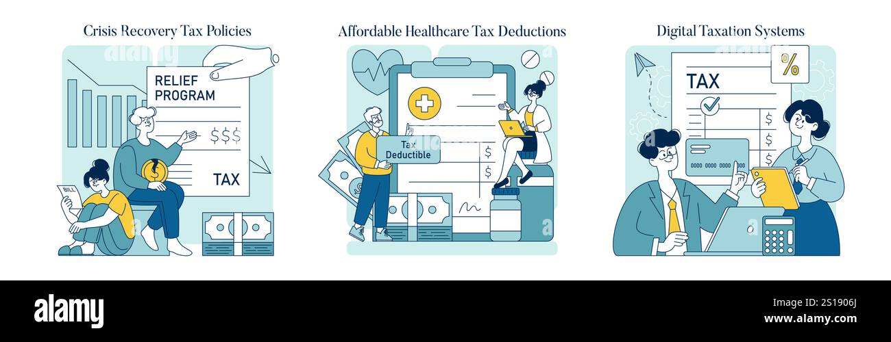 Tax relief concept set. Citizens benefiting from policies, healthcare ...