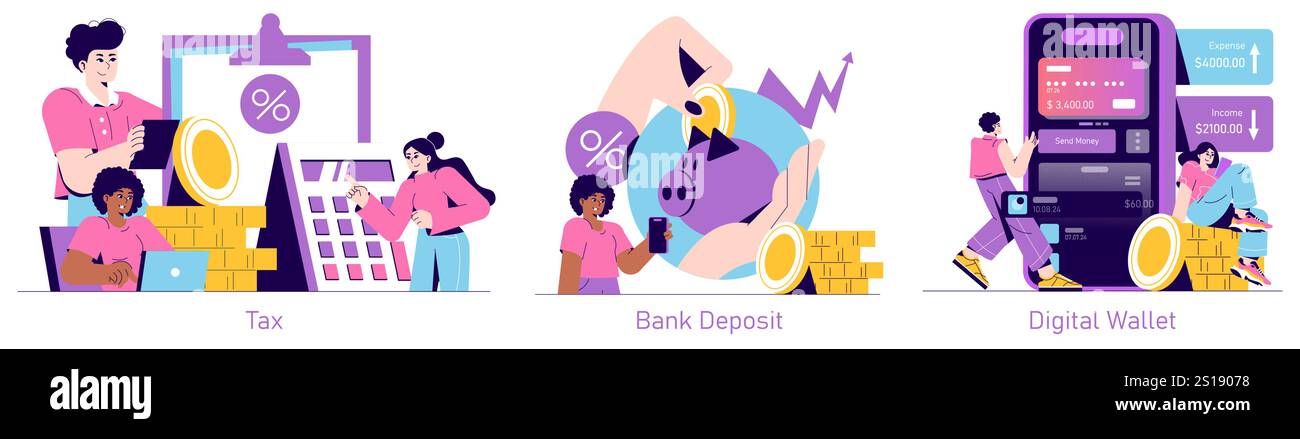Banking sector set. Tax calculation, savings through bank deposits, and ...